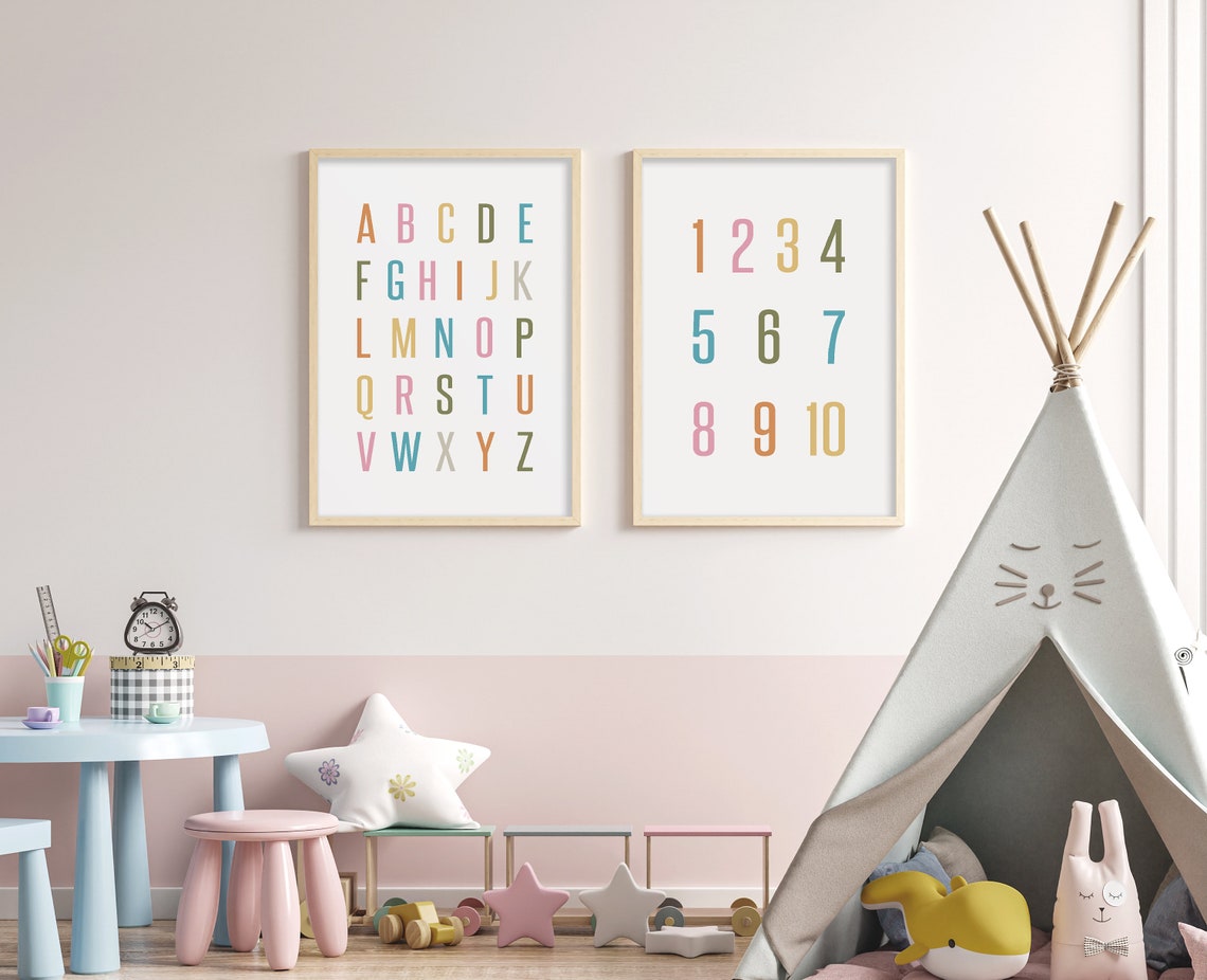 Pastel Color Alphabet Number Nursery Wall Art Print Set of 2 - Etsy