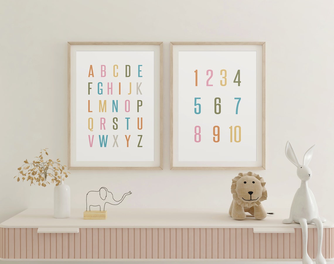 Pastel Color Alphabet Number Nursery Wall Art Print Set of 2 - Etsy