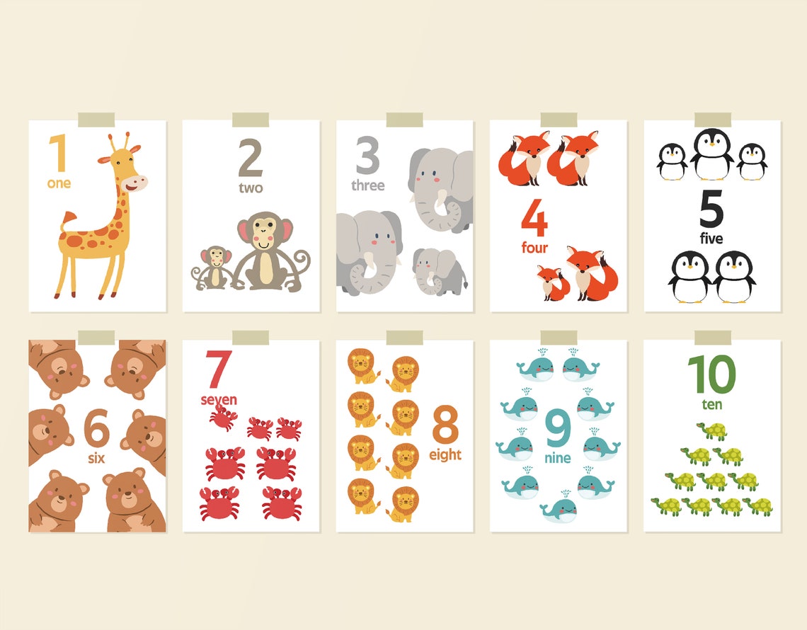 Juego de impresiones de guardería de números de animales de 10 ...