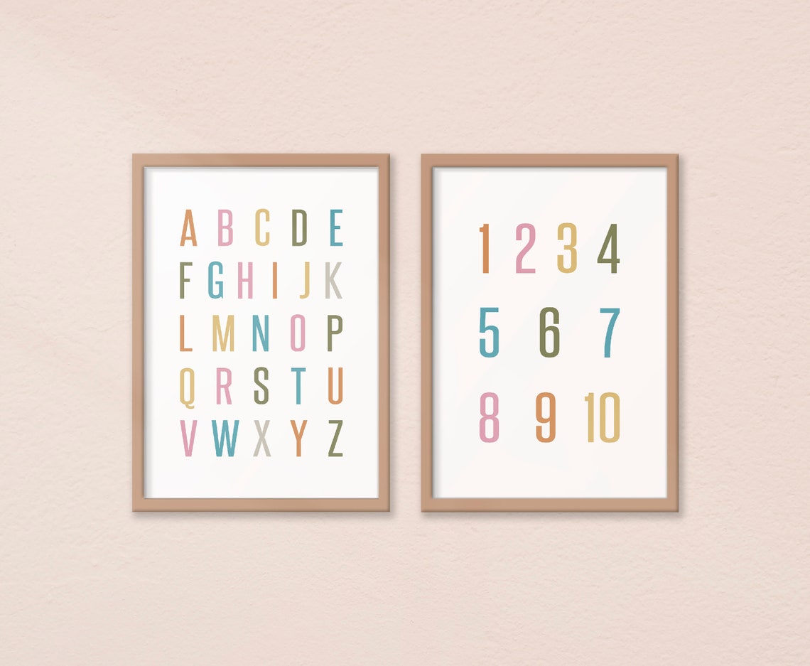 Pastel Color Alphabet Number Nursery Wall Art Print Set of 2 - Etsy