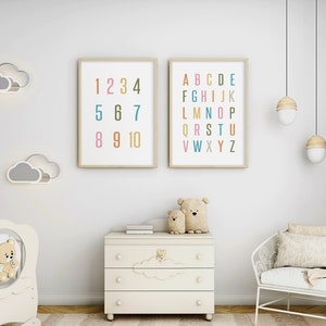 Pastel Color Alphabet Number Nursery Wall Art Print Set of 2, Number ...