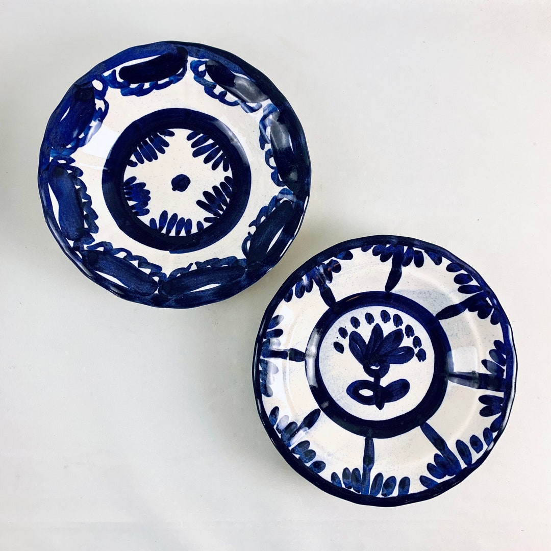 Handmade Blue and White Pottery Plates - T.B. Signature, Flower and ...