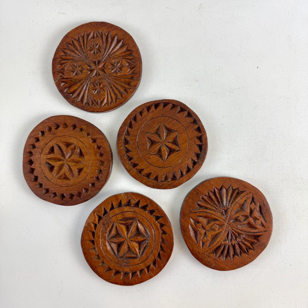 Vintage Dutch Wood Carved Coasters – Set of 5 Friesian Folk Art Drink ...