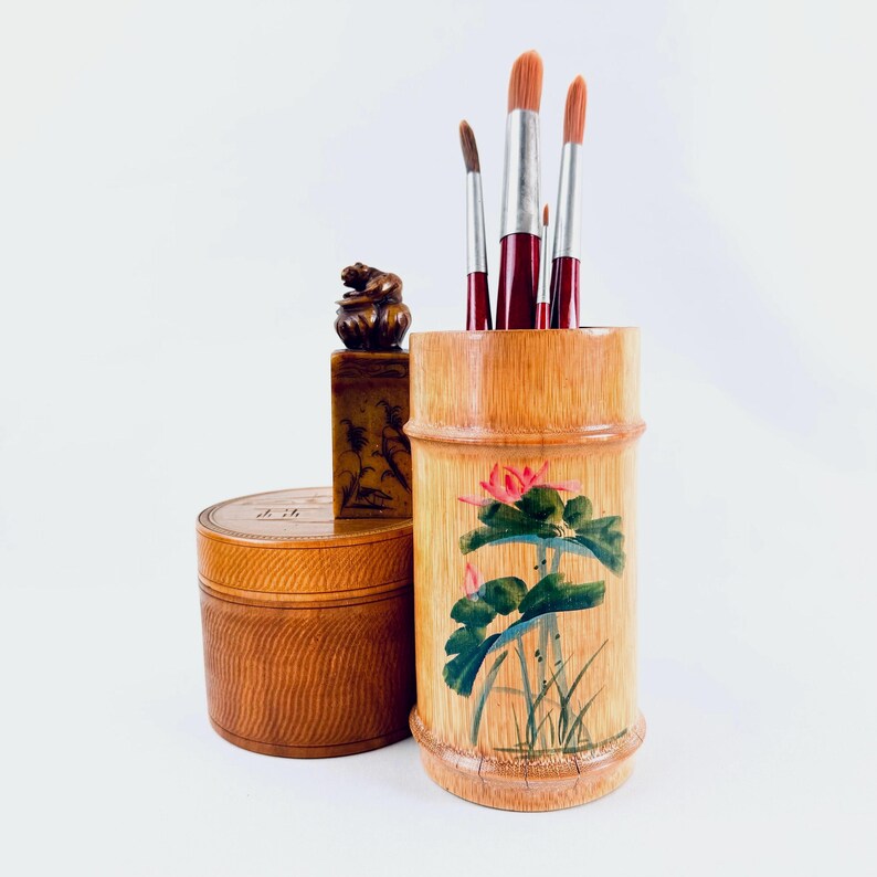 Vintage Chinese Bamboo Brush Pot With Hand Painted Lotus and ...