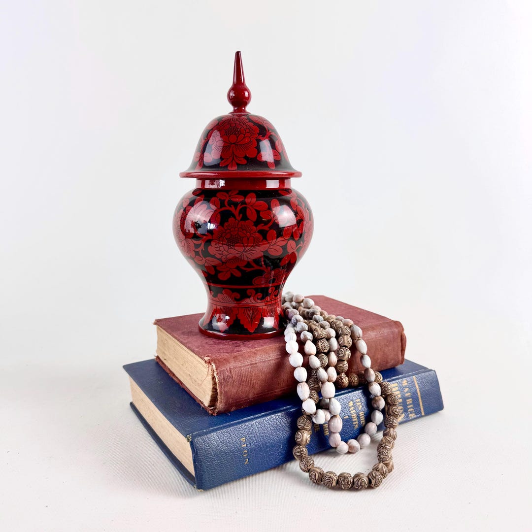Vintage Asian Lacquered Jar: Hand-painted Red Floral Oriental Decor - Etsy