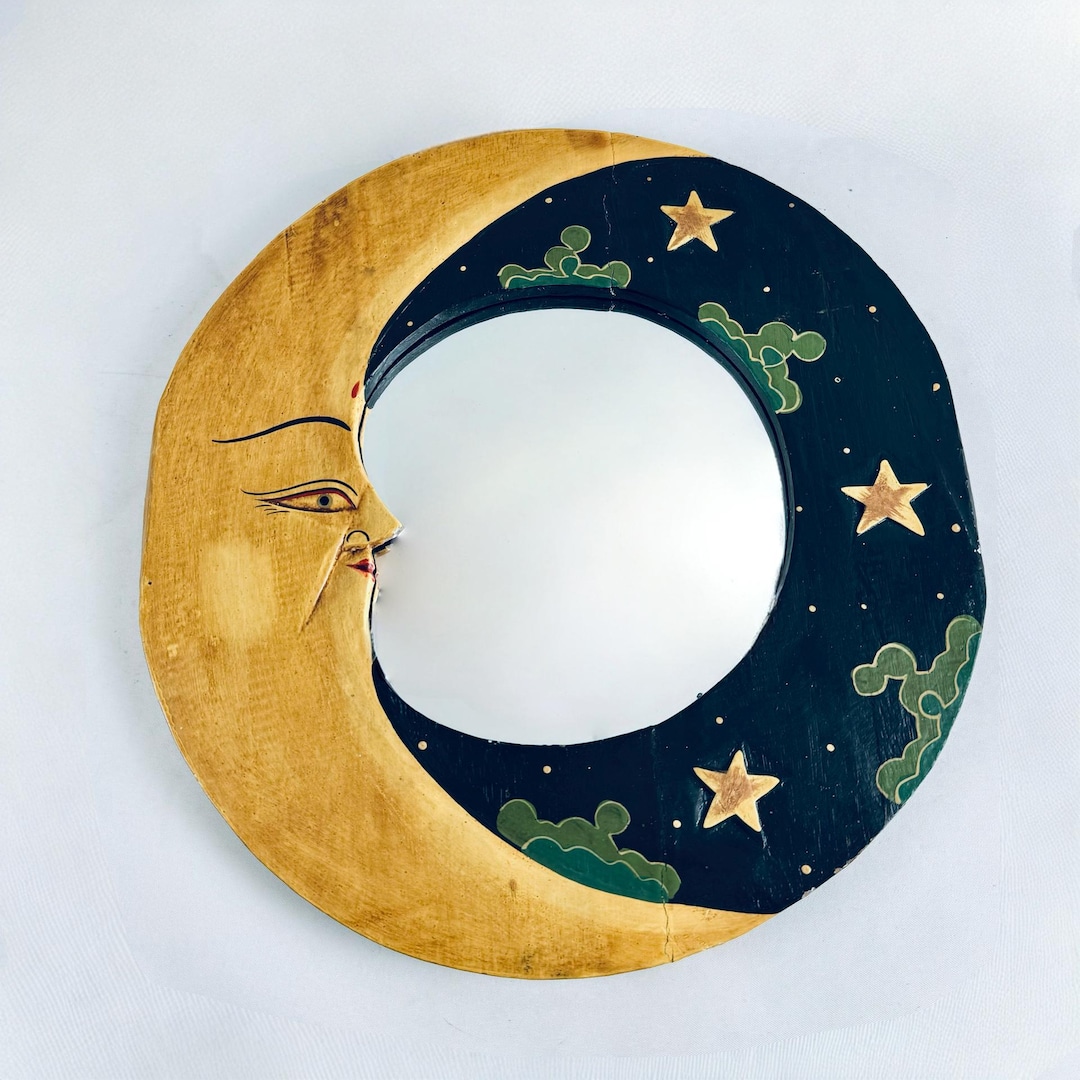 Vintage Crescent Moon Mirror - Handcrafted Wooden Wall Art for Boho ...