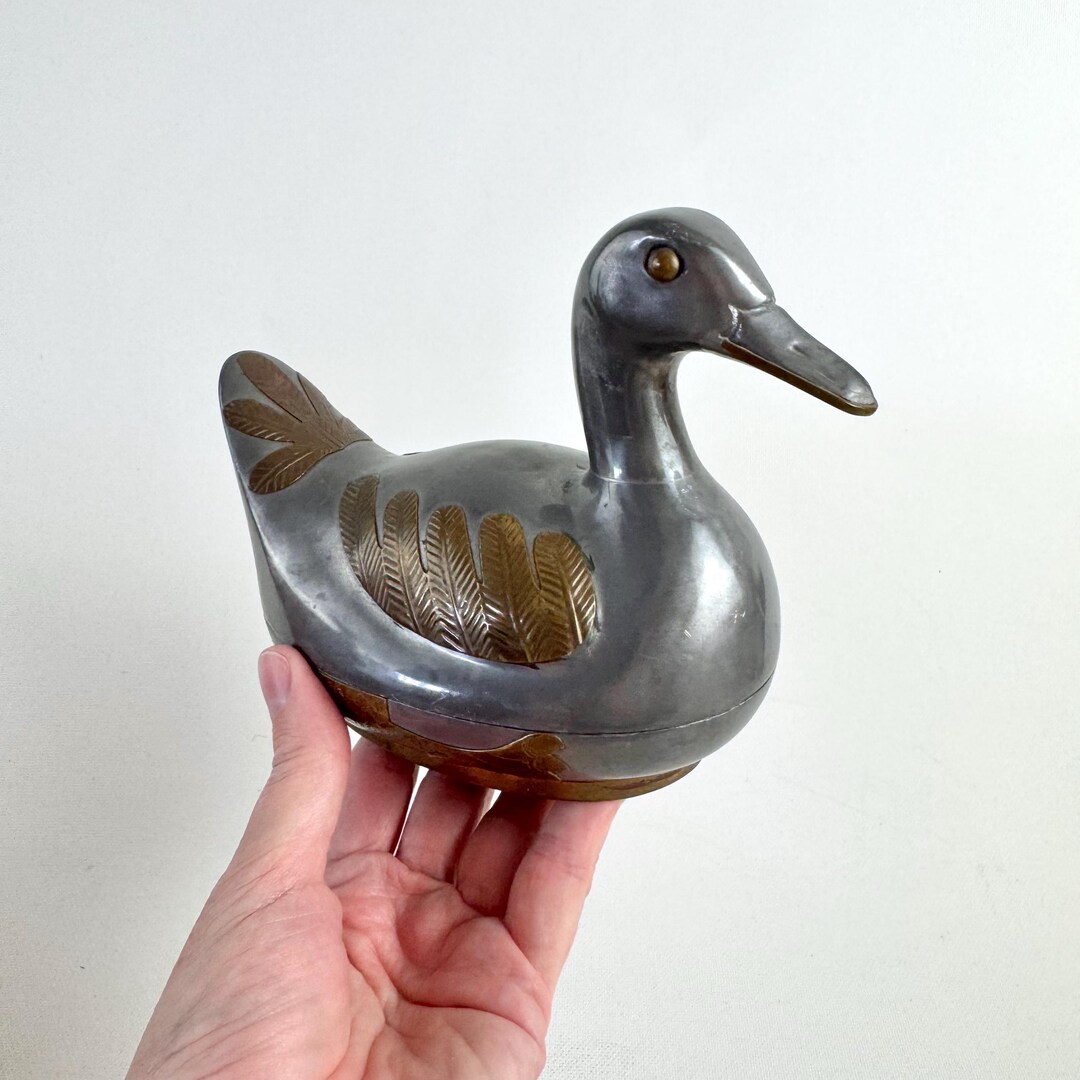 Vintage Duck Trinket Box: Pewter & Brass Bird Container, Mid-century ...