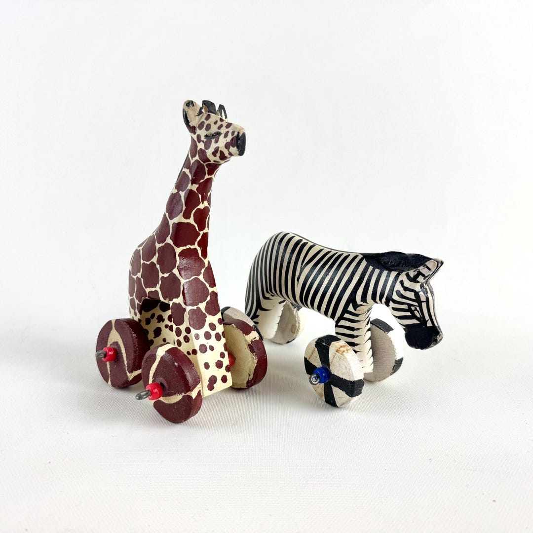 Hand-painted Wooden Giraffe & Zebra Pull Toys | Vintage Folk Art Animal ...