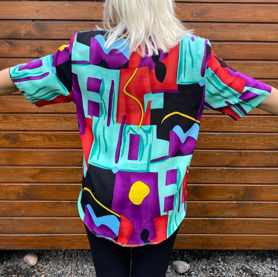 Funky 90's Summer Shirt. Padded Shoulders Bright Colo… - Gem