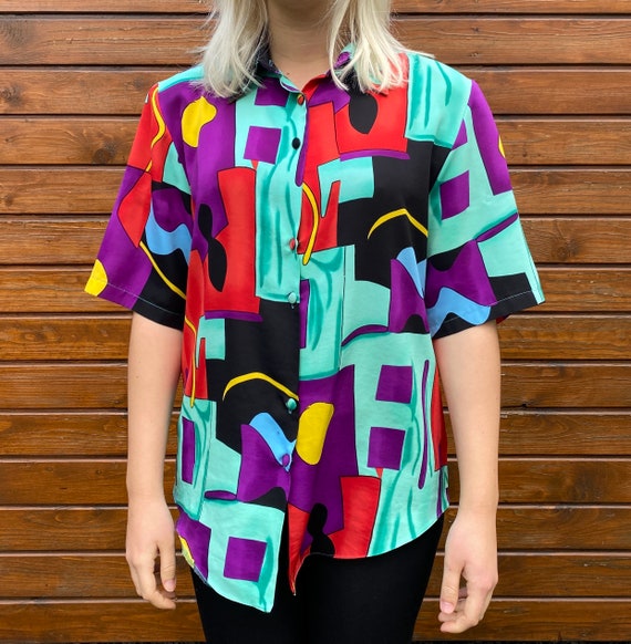 Funky 90's Summer Shirt. Padded Shoulders Bright Colo… - Gem
