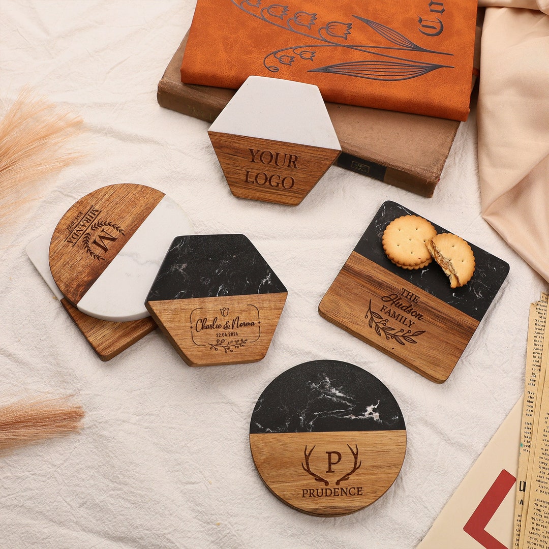 Custom Coaster Set, Personalized Marble Wood Coasters, Couple Gifts ...