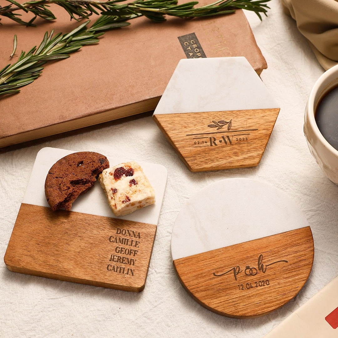 Custom Engraved Marble Wood Coasters, Personalized Coaster Set Gifts ...