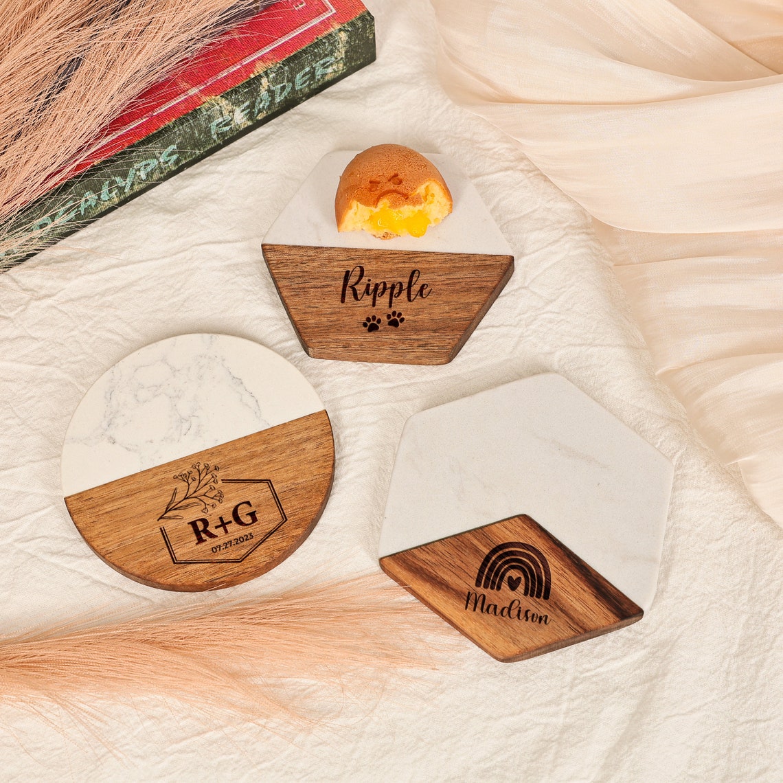 Personalized Marble Wood Coaster Set: Engraved Wedding Favors - Etsy
