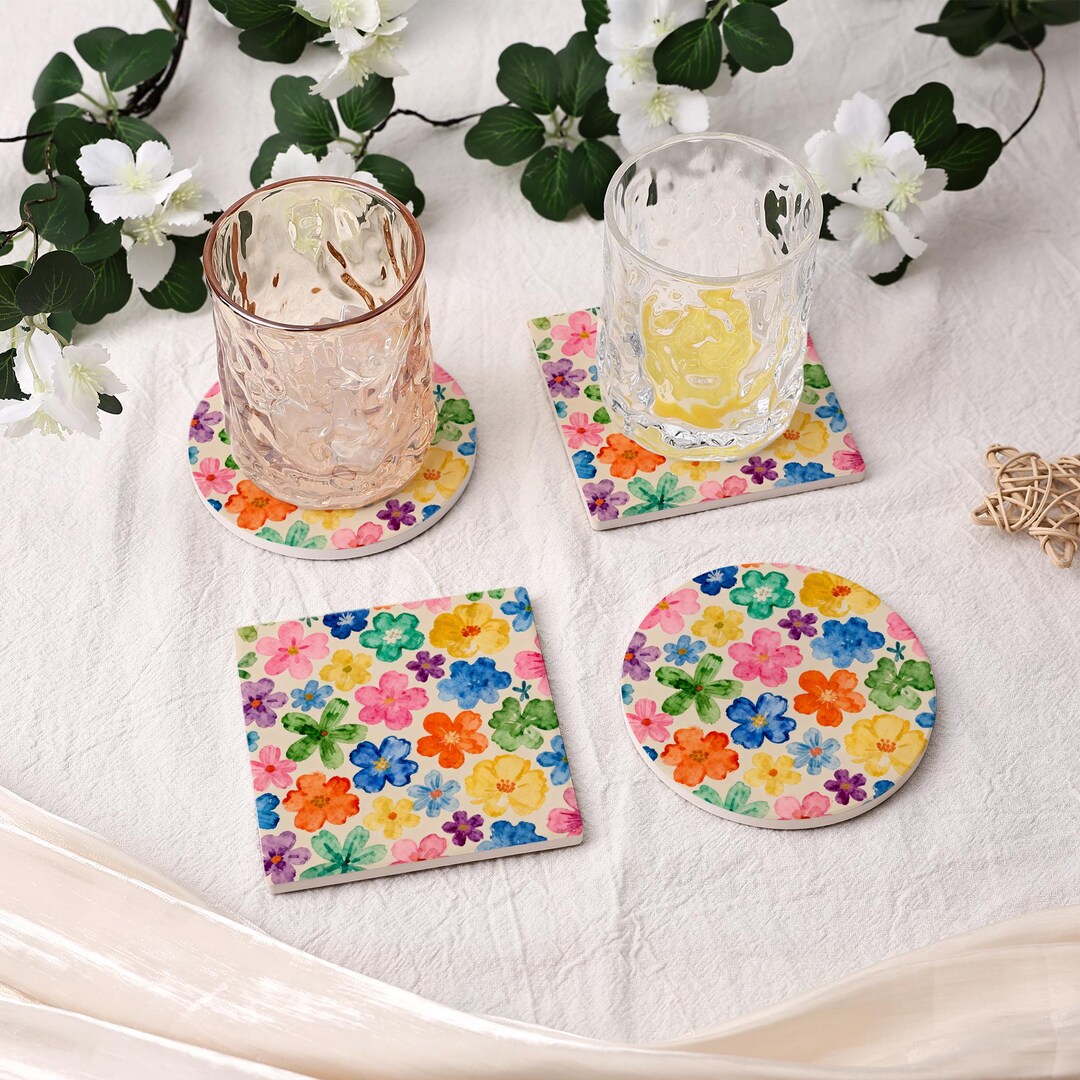 Personalized Colorful Flower Coaster, Custom Vibrant Watercolor Floral ...
