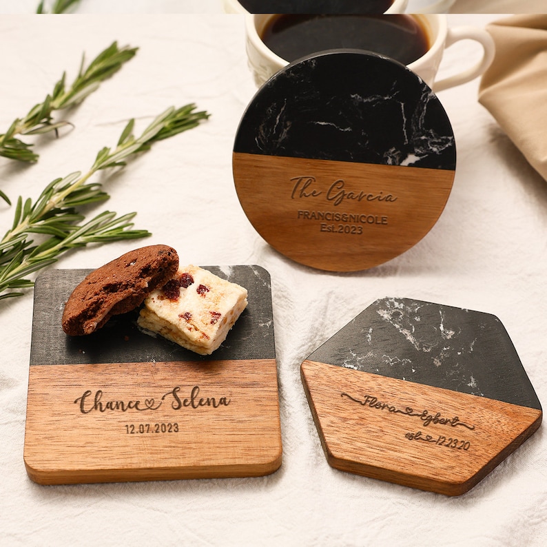 Engraved Marble Wood Coasters, Personalized Housewarming Gift Set - Etsy