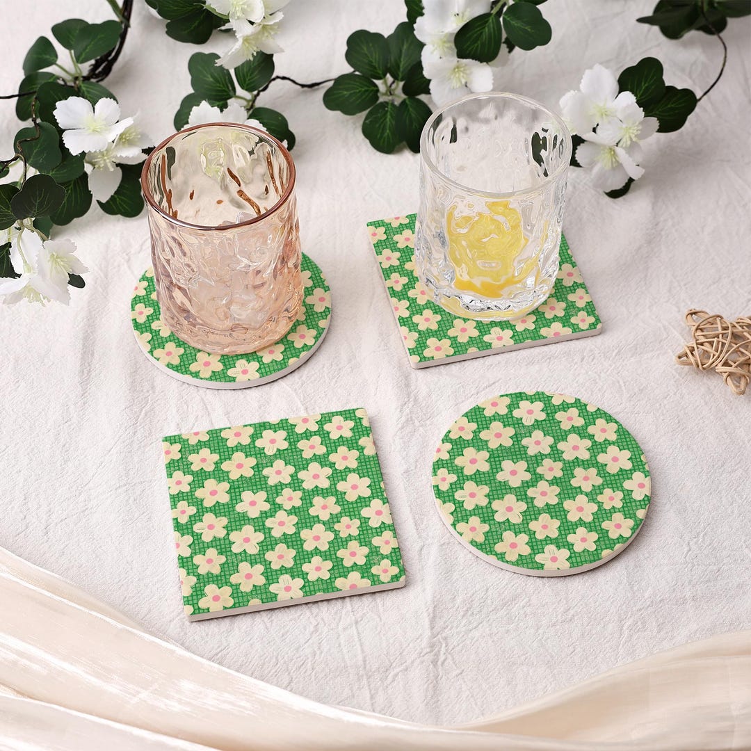 Personalized Fresh Green Floral Coaster, Custom Vibrant Flower Coaster ...