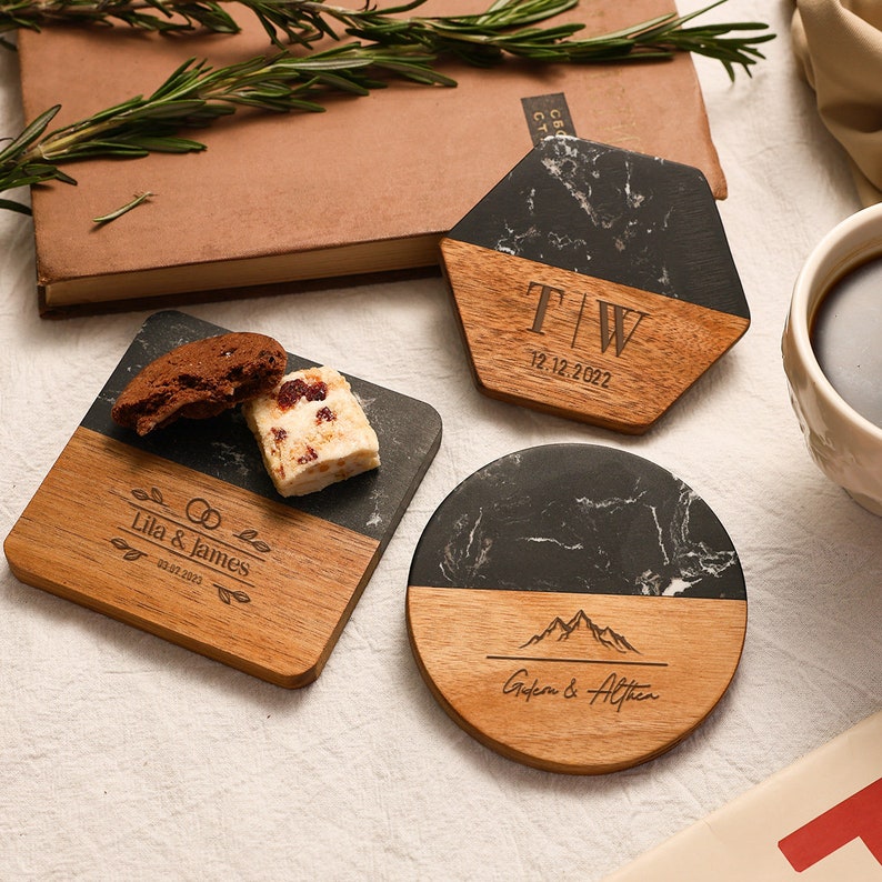 Engraved Marble Wood Coasters, Personalized Housewarming Gift Set - Etsy