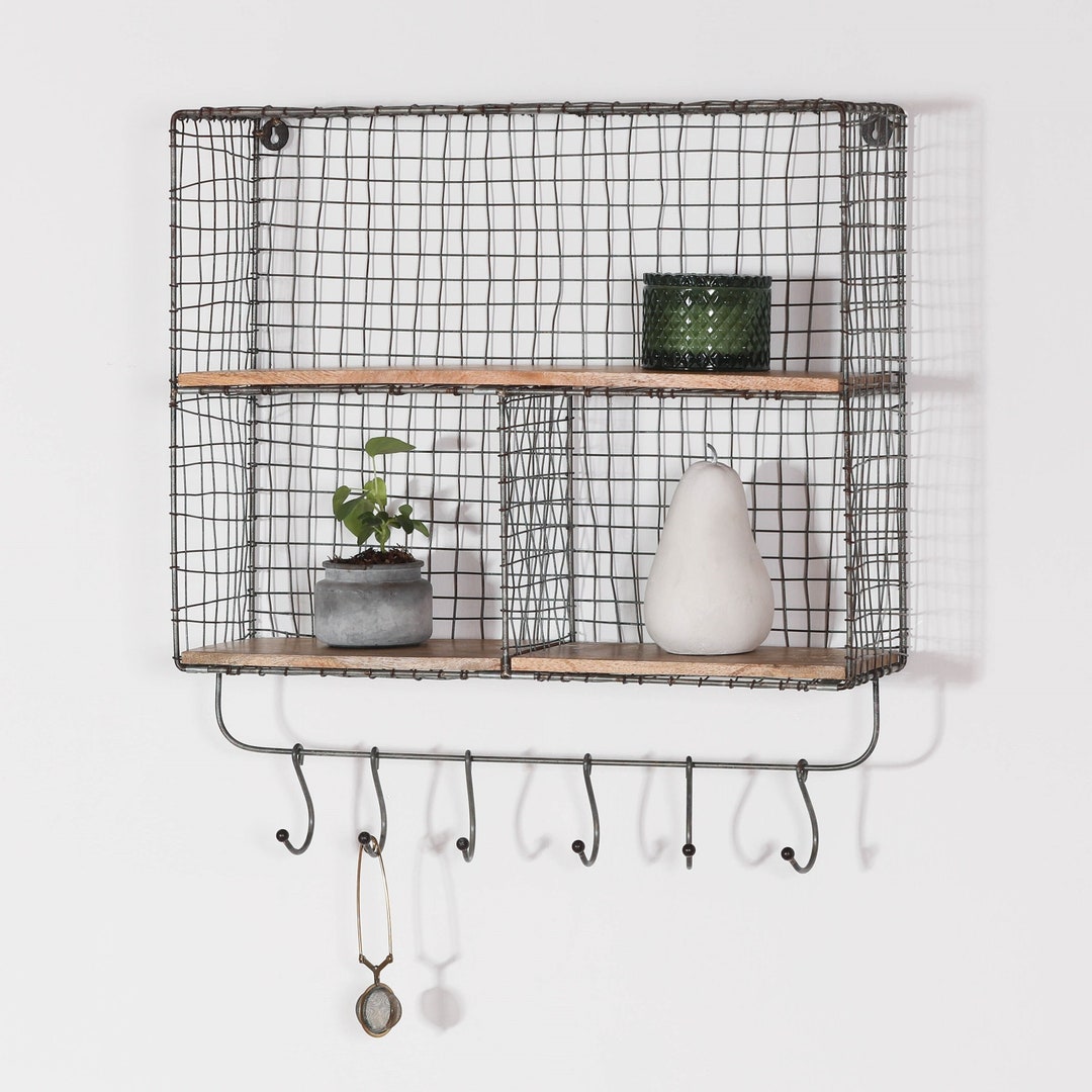 Rustic Loft Metal Wire Wall Shelf With Wooden Shelves and Hooks - Etsy