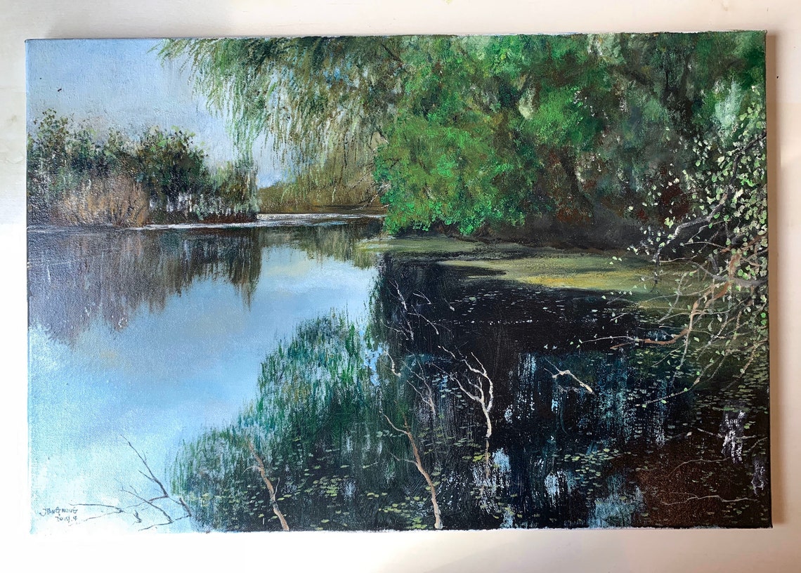 Oil Painting Calm Water Reflections Pond Oil on Canvas - Etsy