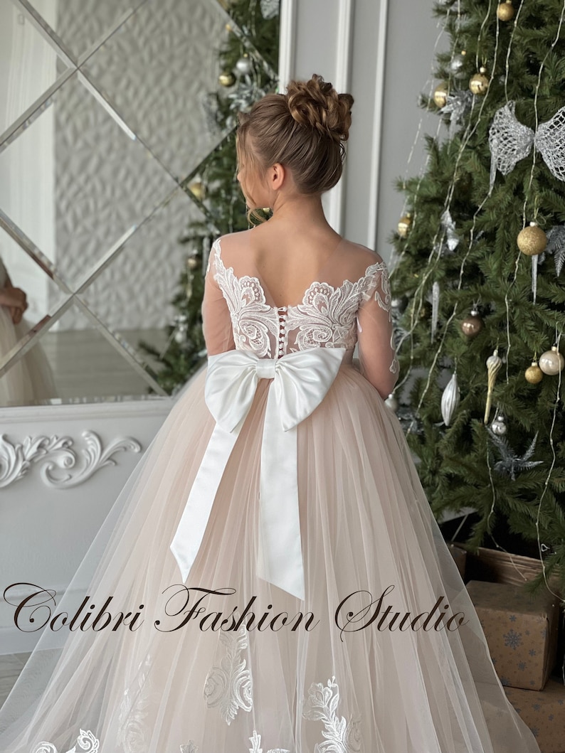 Flower Girl Dress Long Sleeve, Tulle Girl Dress, Satin Flower Girl ...