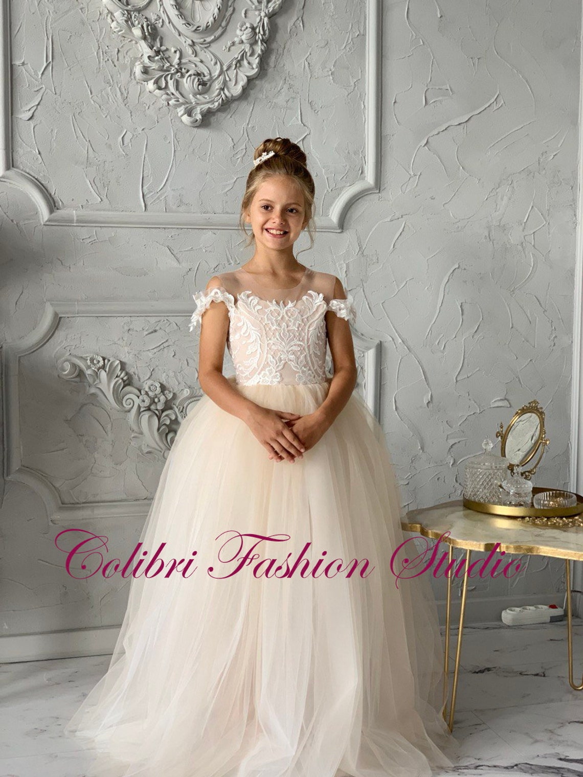 Flower Girl Dress Lace Girl Dress Tulle Nude Flower Girl Etsy