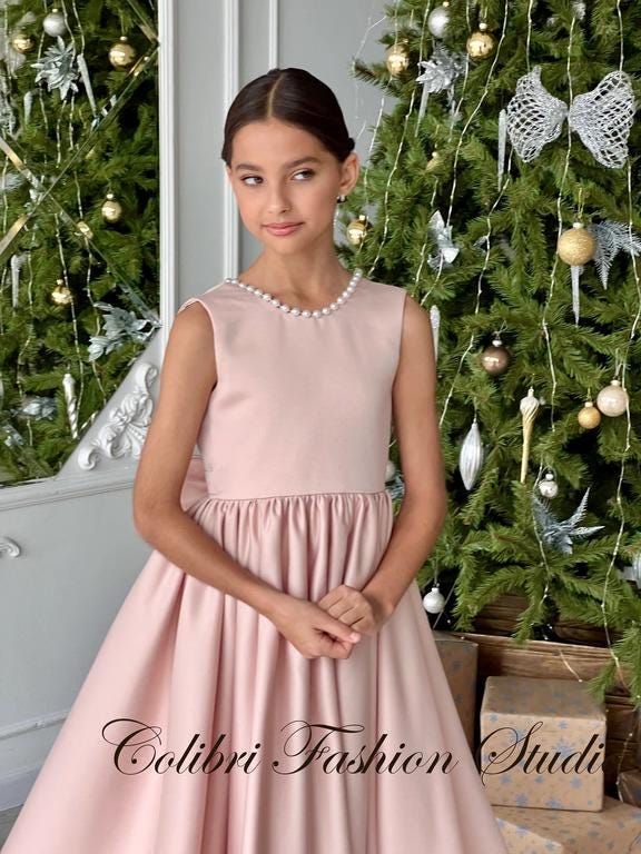 Beige Flower Girl Dress, Satin Flower Girl Dress, Girl Dress With Train ...