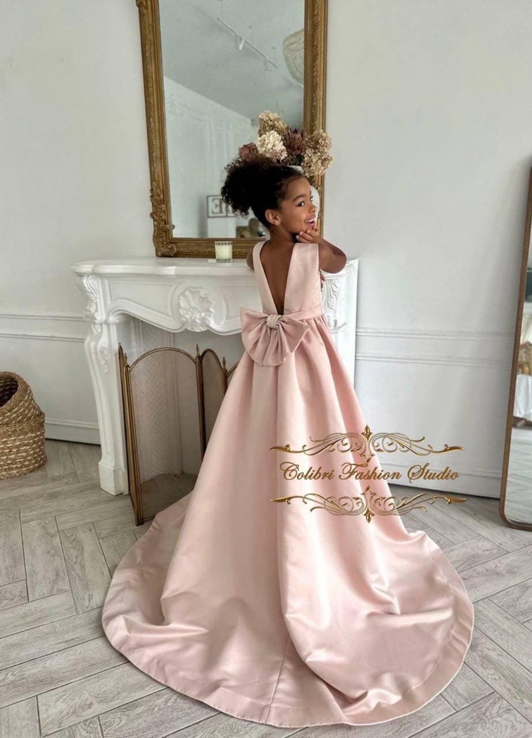Beige flower girl dress open back Flower dress big bow Classic girl ...