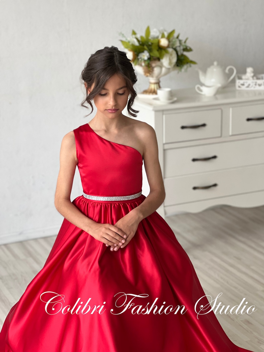 Red Flower Girl Dress, Satin Flower Girl Dress, Christmas Dress, Ball ...