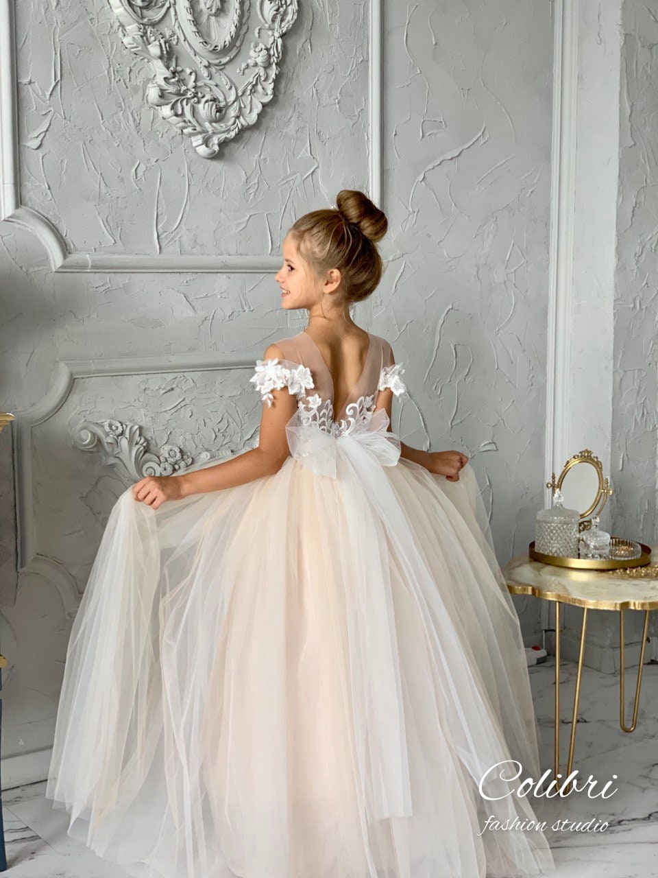 Flower Girl Dress Lace Girl Dress Tulle Nude Flower Girl Etsy