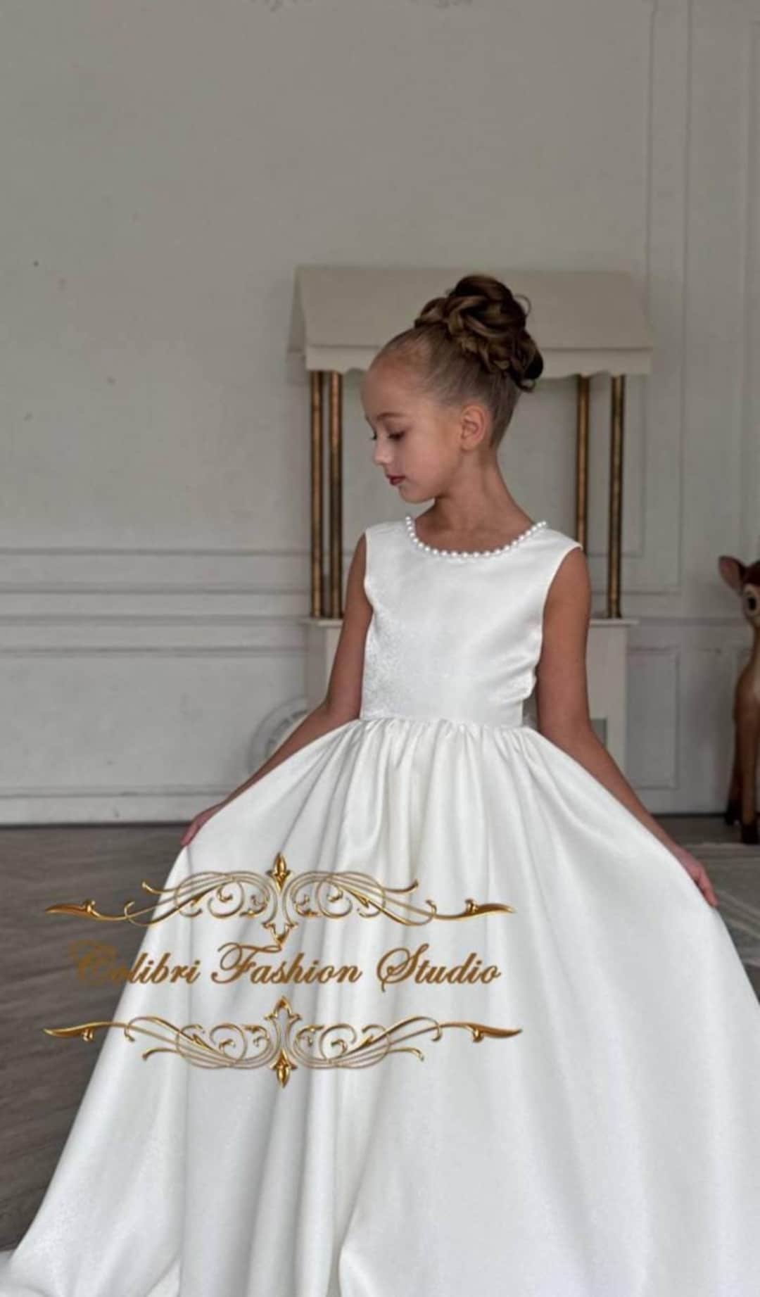 Beige Flower Girl Dress, Satin Flower Girl Dress, Girl Dress With Train ...