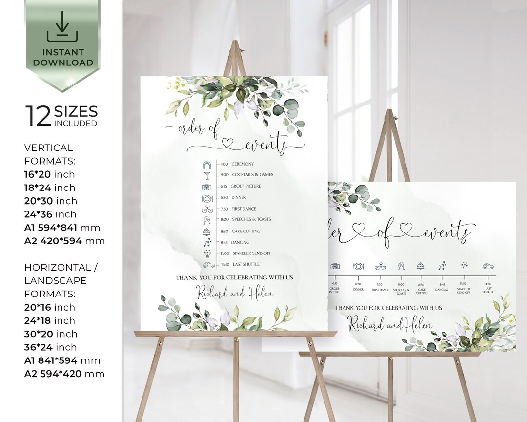 Order of Events Sign Template, Eucalyptus Order Event, Greenery Order ...