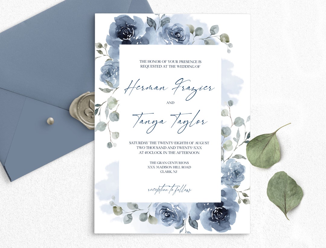 Blue Wedding Invitation Template, Dusty Blue Editable Floral Invites ...
