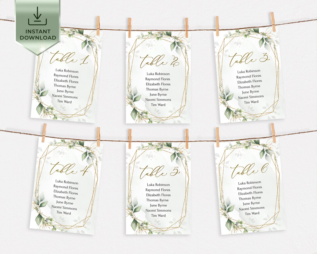 Gold Eucalyptus Table Seating Chart Template, Eucalyptus Wedding ...