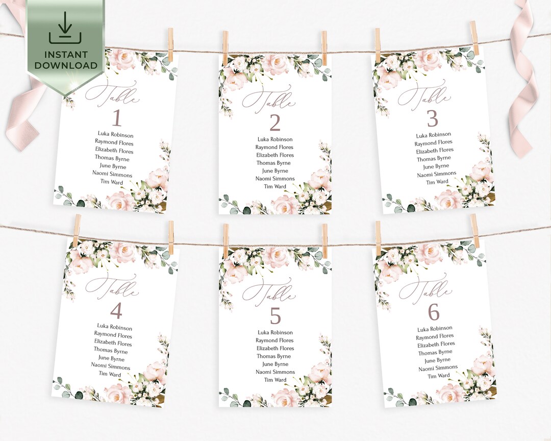 AVA Seating Chart Cards Template, Soft Pink Printable Seating Chart ...