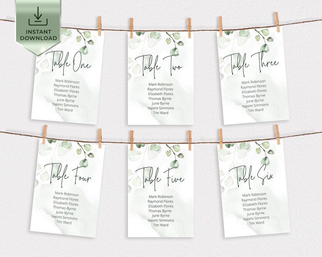 Greenery Seating Chart Template, Seating Chart Wedding Template ...