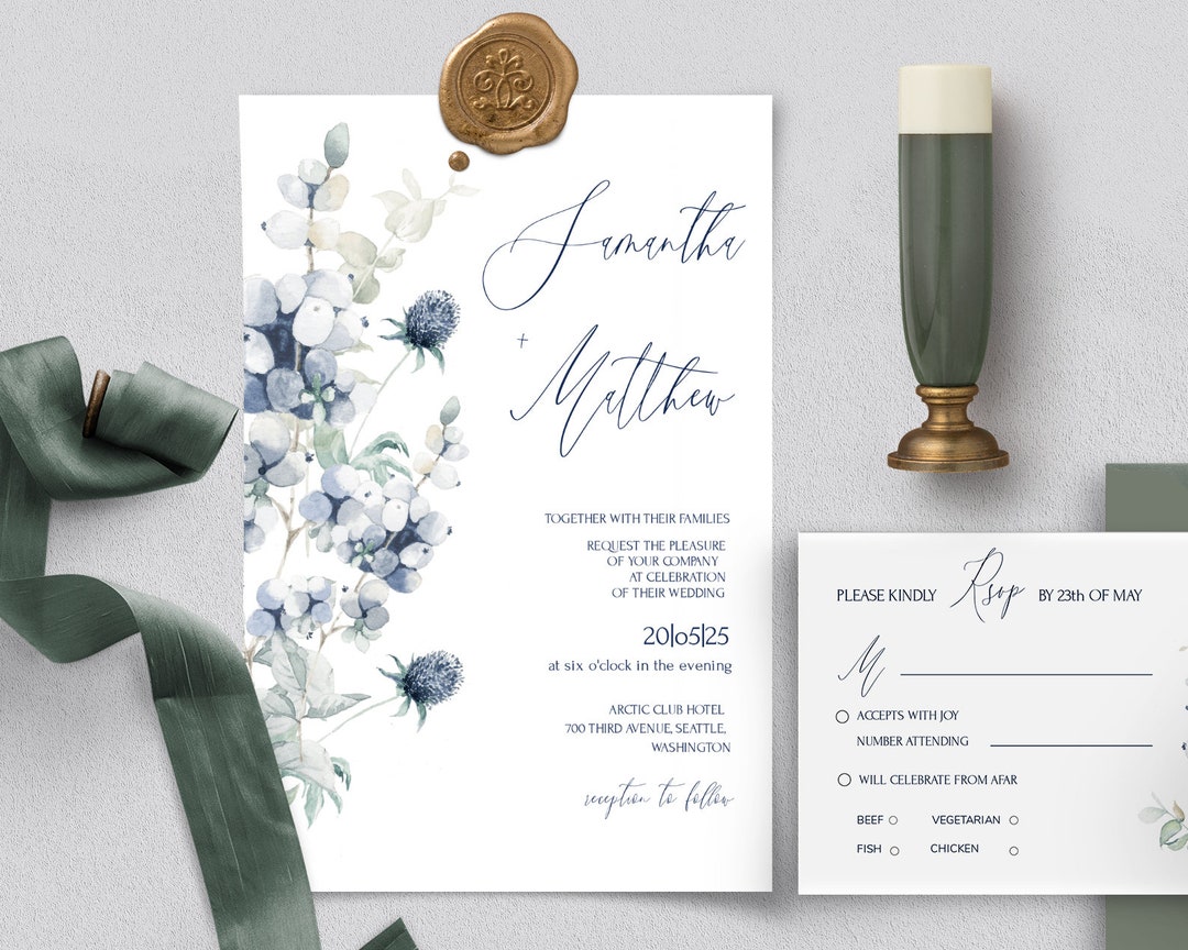 BLUEBERRY Blue Flowers Wedding Invitation and Rsvp Template - Etsy