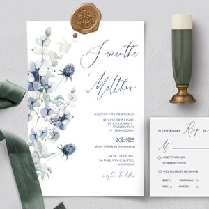 BLUEBERRY Blue Flowers Wedding Invitation and Rsvp Template - Etsy