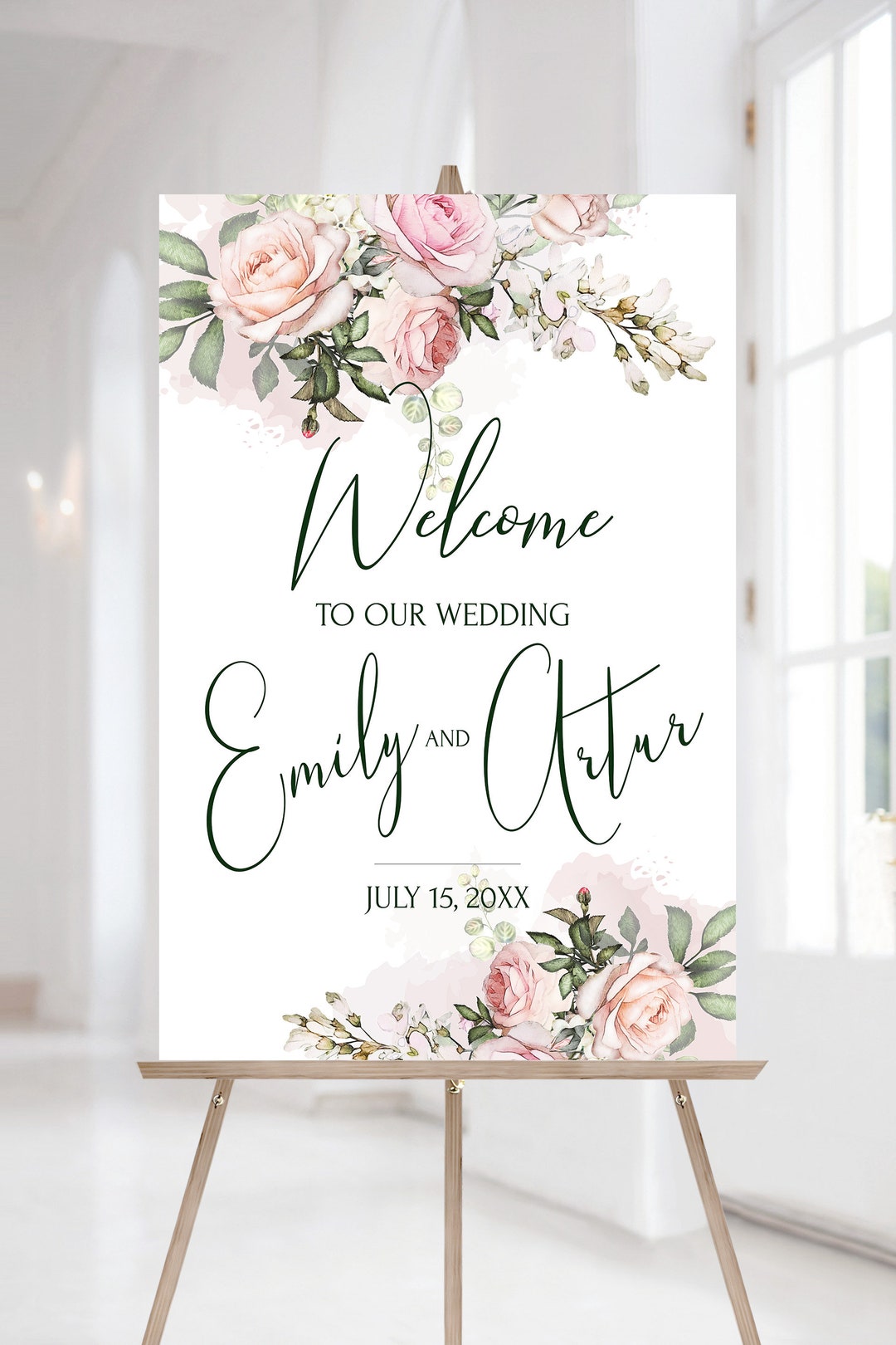 TEA ROSE Welcome Sign Template With Watercolor Blush Pink Flowers ...