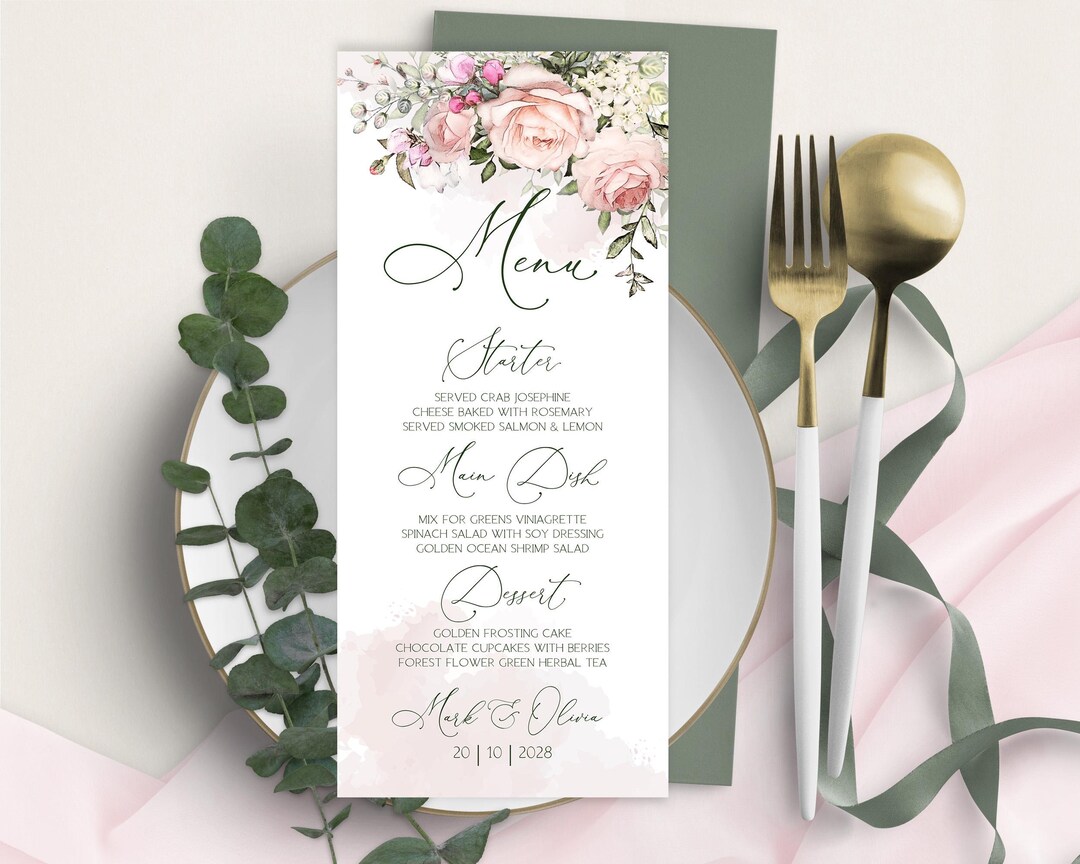 Pink Flowers Wedding Menu Template, Floral Wedding Menu INSTANT ...