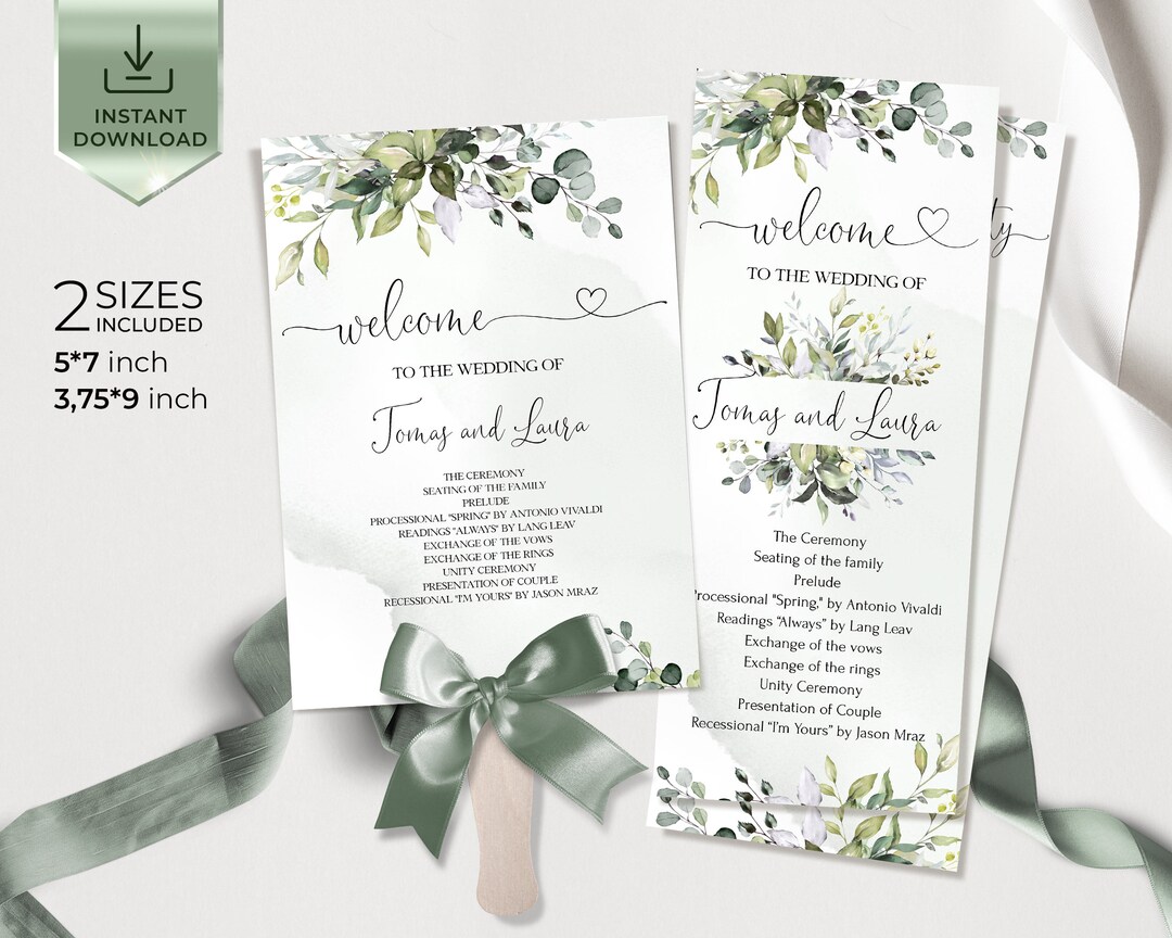 Greenery Wedding Program Fan Template, Eucalyptus Wedding Program, Printable Fan Order Ceremony ...