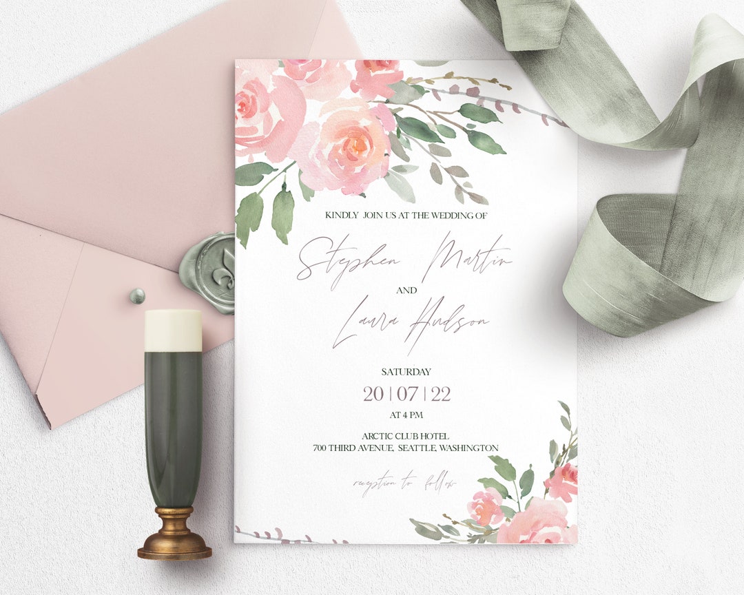 FLORA Dusty Pink Rose Wedding Invitation Template, Soft Pink Wedding ...