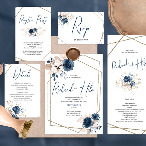 Navy Blush Geometric Editable Wedding Bundle Printable - Etsy