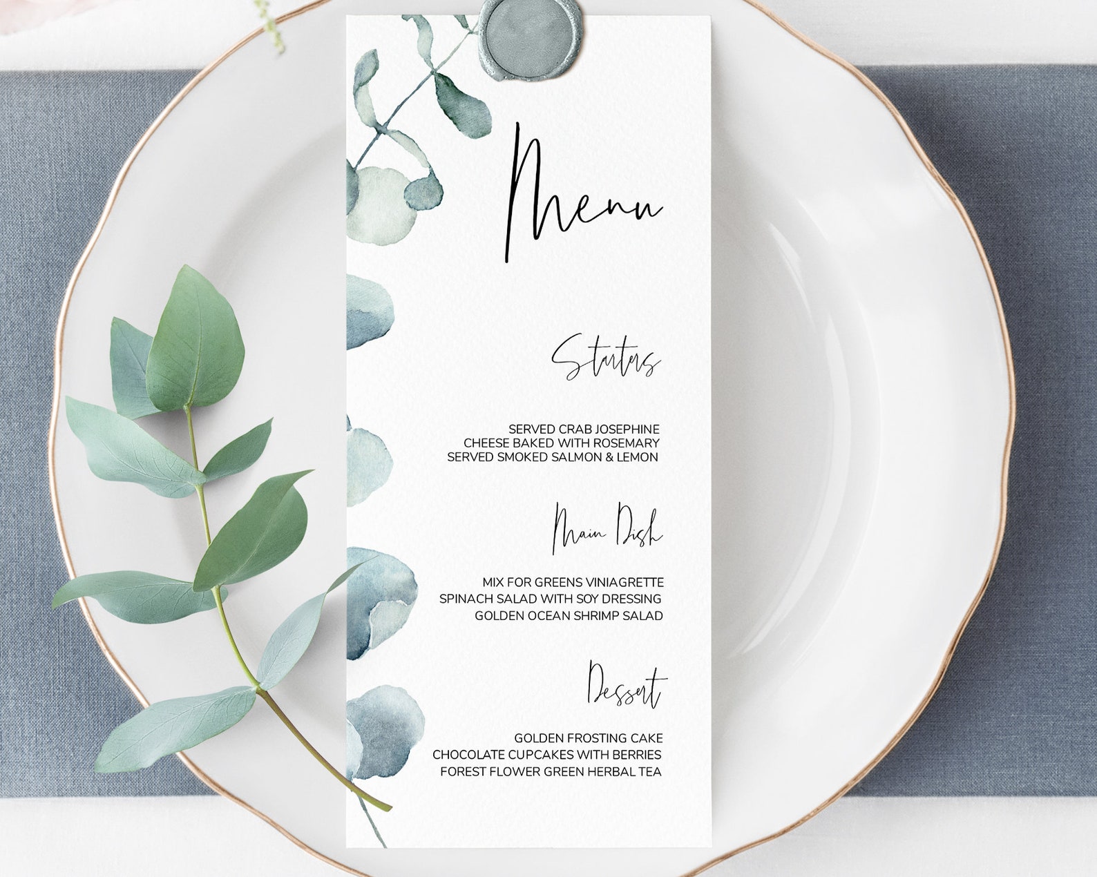 ELIA Editable Wedding Menu Template With Eucalyptus Greenery - Etsy