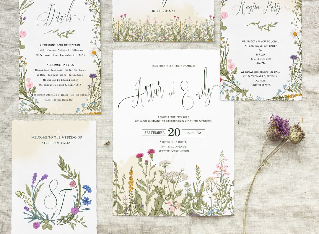 WILDFLOWERS Wedding Invitation Set Template With (Instant Download) - Etsy