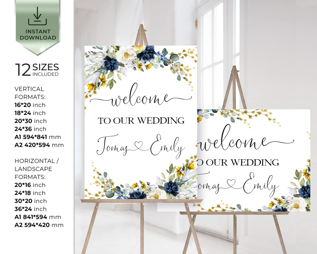 Wedding Welcome Sign, Welcome Sign Template, Editable Blue Navy Yellow ...