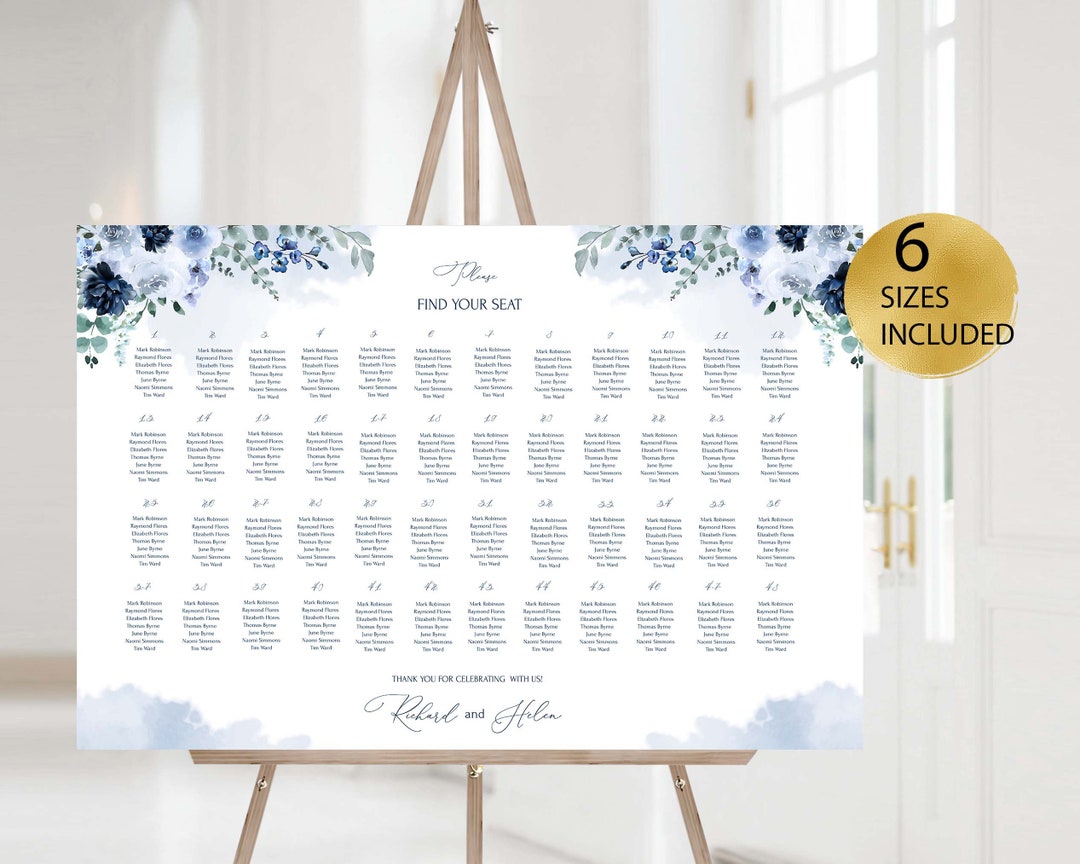 MRIA Blue Navy Wedding Seat Chart, Light Blue Floral Seating Chart ...