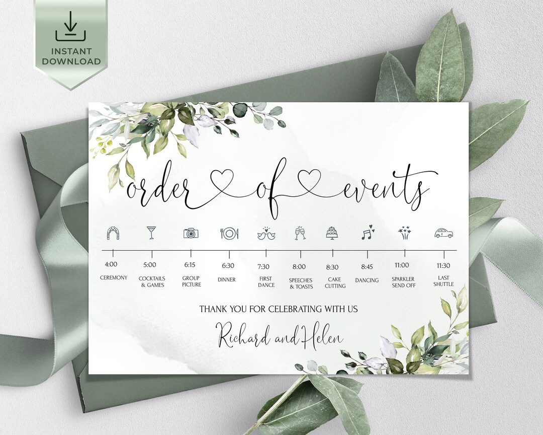 Eucalyptus Wedding Order of Events Card Template, Greenery Order of ...