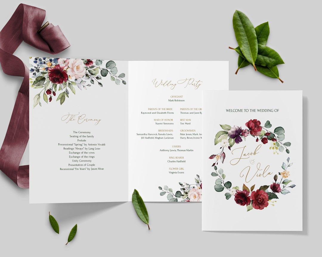 ARLETH Folded Wedding Program Template, Burgundy and Soft Pink Flowers ...