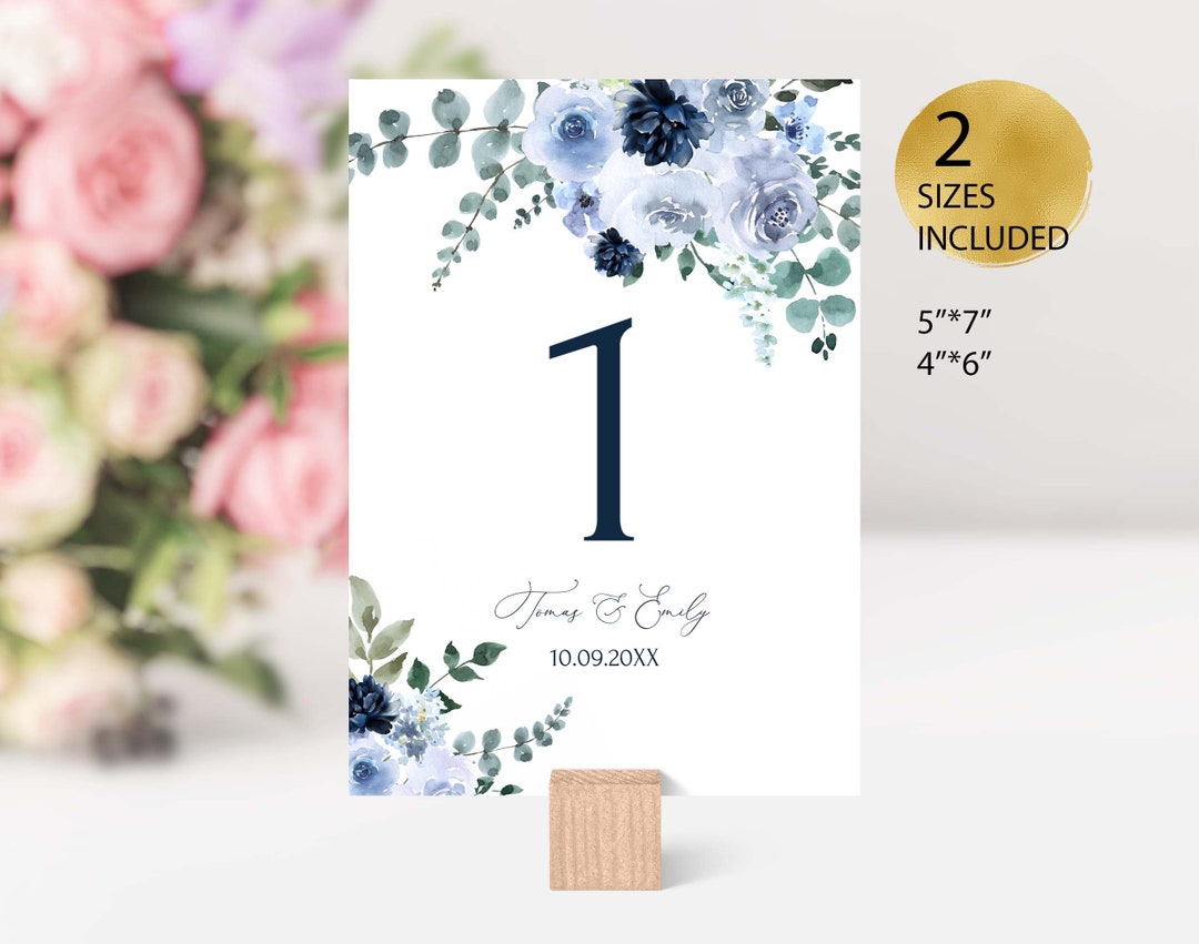 MRIA Light Blue Wedding Table Number Template, Editable Blue Navy ...