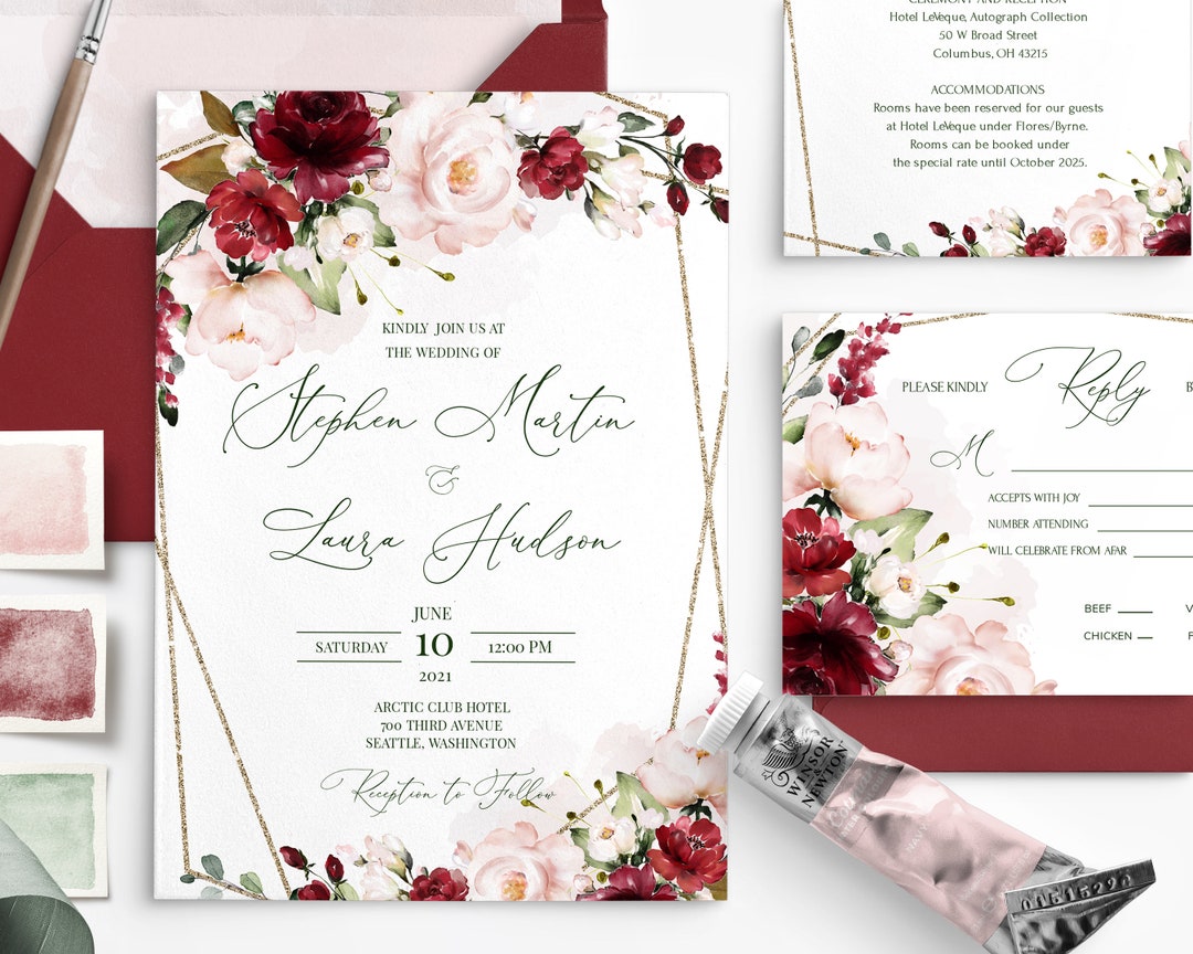 ARLETH Burgundy and Soft Pink Wedding Invitation Set Template ...